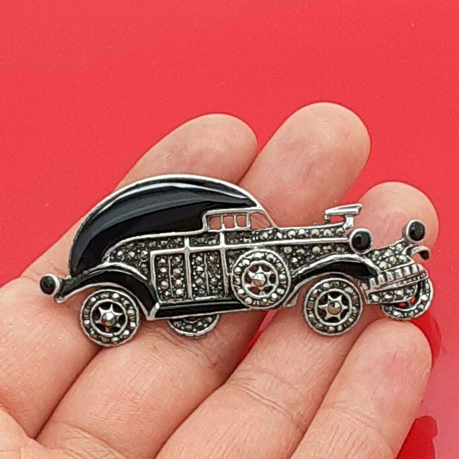 Vintage Sterling Silver 925 Black Onyx Marcasite Car Brooch Movable ...