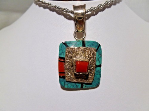 Navajo Philbert Begay Inlay Turquoise Pendant Red Coral Nugget Sterling ...