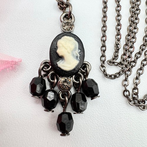 Vintage 1928 Black Cameo Pendant Necklace Bead Drops Romantic Goth ...