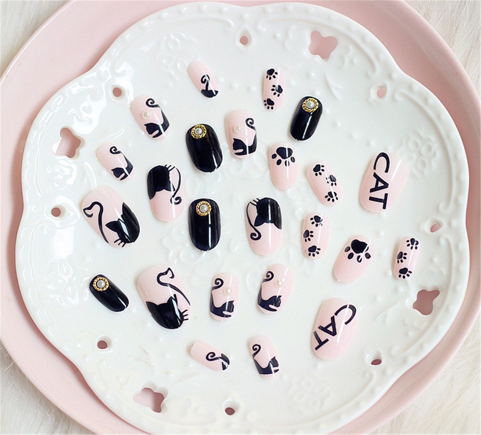 24pc False Nail Tips Cartoon Full Cover Comic Pink Fake Nails Art for ...