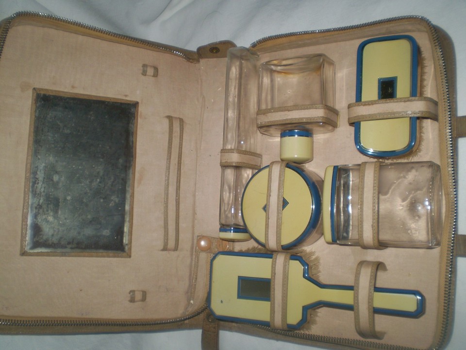 OLD cosmetics kit BRUSHES jars 6 PIECES GLASS METAL | eBay