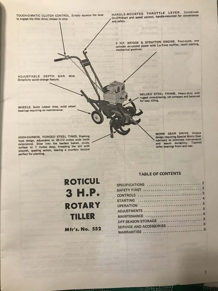 Original Simplicity Roticul 3HP Rotary Tiller Owners Manual No. 552 | eBay