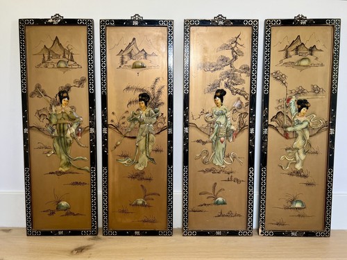 4 Vtg Asian Gold Black Lacquer Mother of Pearl Oriental Inlaid Wall ...