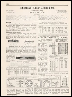 1922 Richmond Screw Anchor Co. New York City "Tyscru" Form Ties Vintage ...