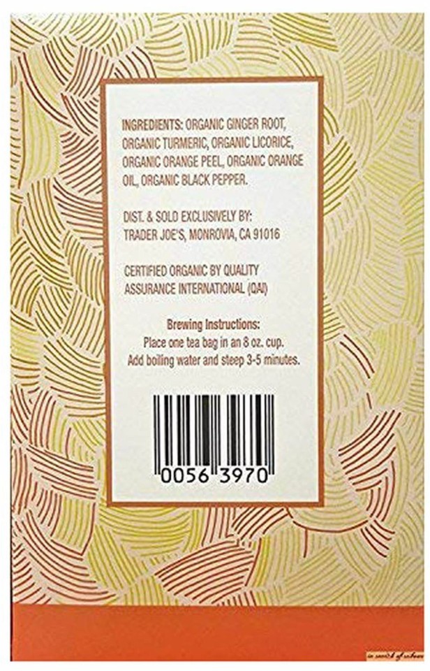 🌺🌺 Trader Joe's Organic Ginger Turmeric Herbal Tea Box Caffeine Free ...