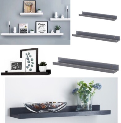 WOODEN FLOATING SHELF SHELVES KIT WALL MOUNTED DISPLAY UNIT HOME OFFICE ...