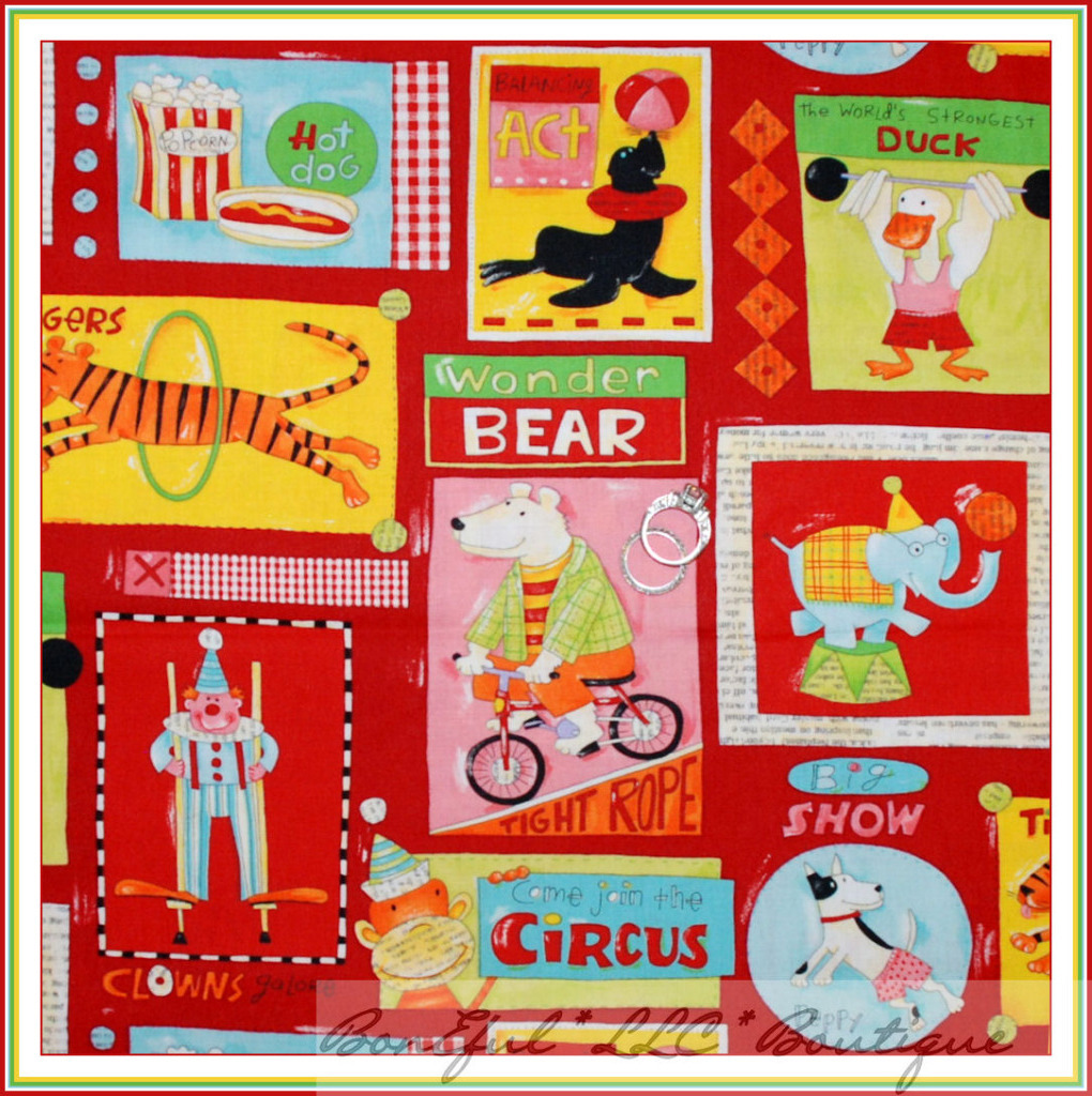 BonEful Fabric FQ Cotton Quilt VTG Red Nancy Wolff ANIMAL Baby Circus ...