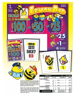 Pull Tab Ticket- Hard Card Tickets - Game- 5 Pack Lemon Aid | eBay
