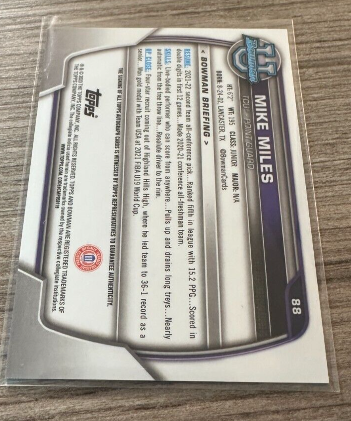 2022-23 Bowman Chrome University Basketball #88 MIKE MILES Rookie Auto ...