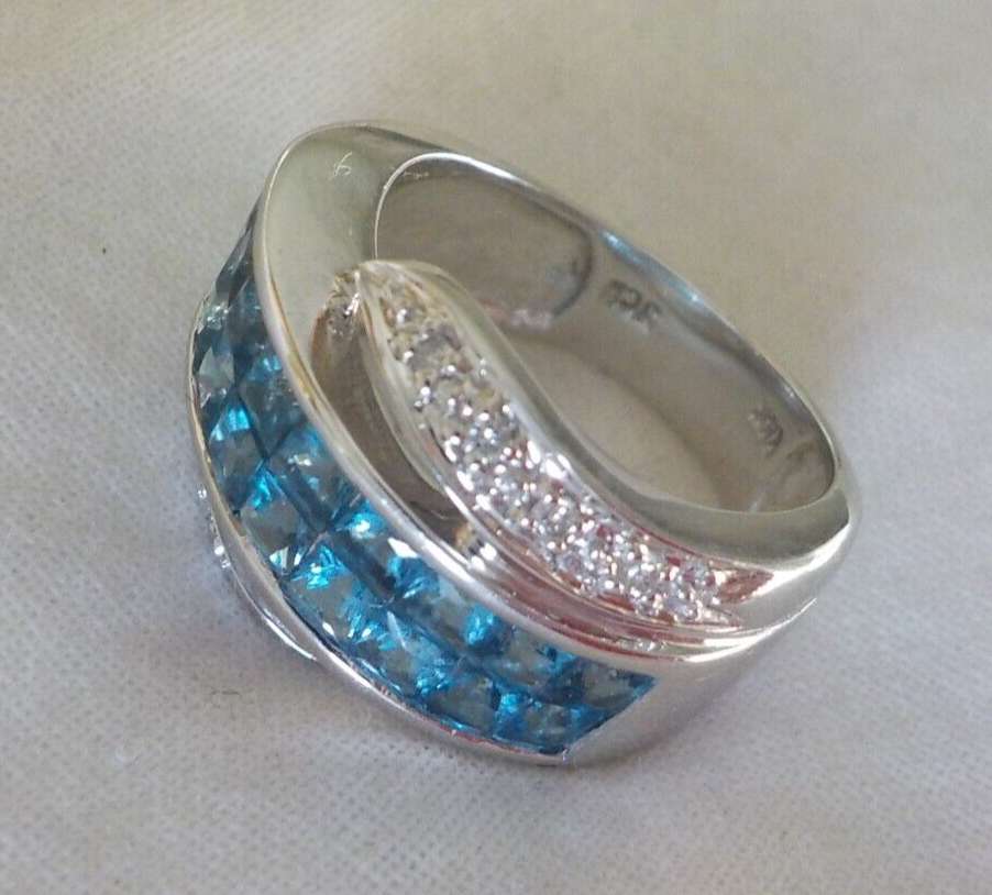 John C Rinker 14k White Gold London Topaz Diamond Ring - 6.17 gms, Sz 5 ...
