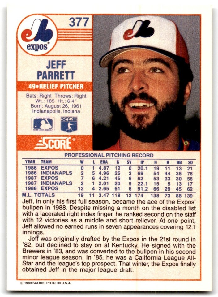 1989 Score Jeff Parrett Montreal Expos #377 | eBay
