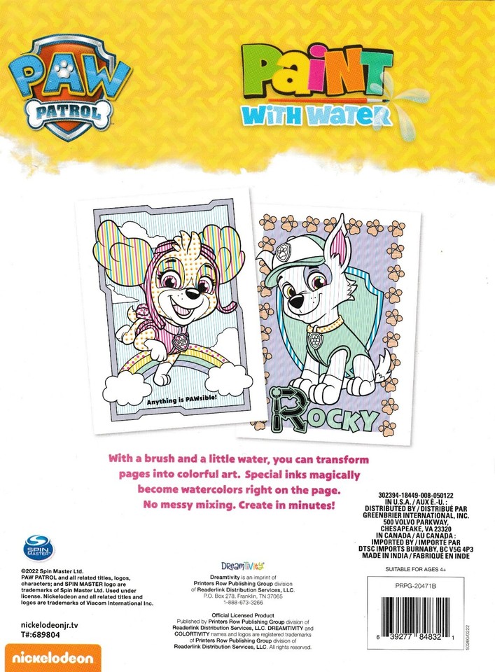 NICKELODEON Paint with Water: PAW PATROL, PAWsome Painting - Just Brush ...