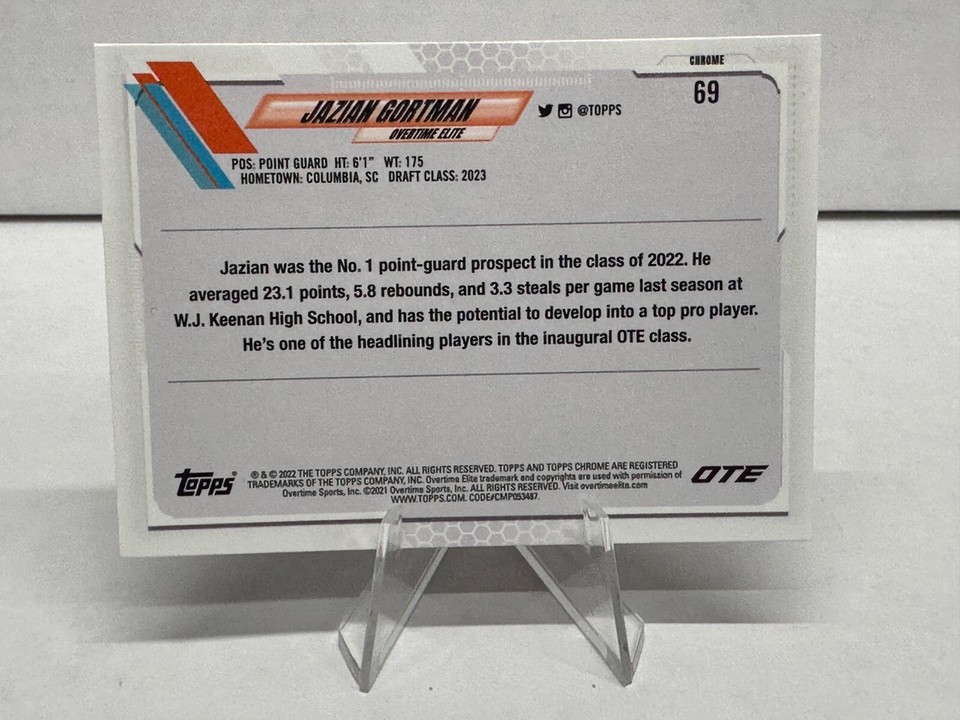 2021-22 Topps Chrome Overtime Elite Card #69 Jazian Gortman RC Team ...
