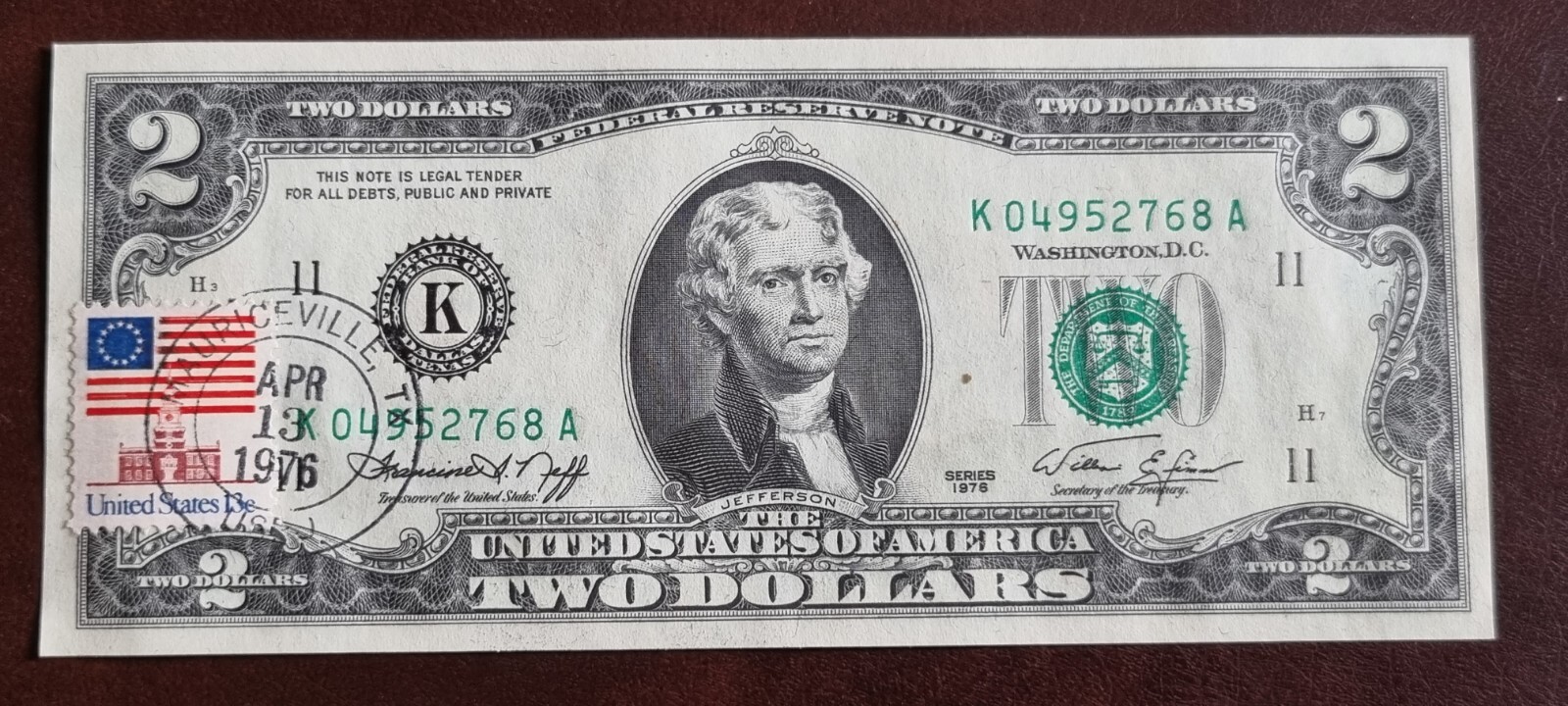 1976 Two Dollar Federal Reserve Note $2 First Day of Issue Postmarked ...