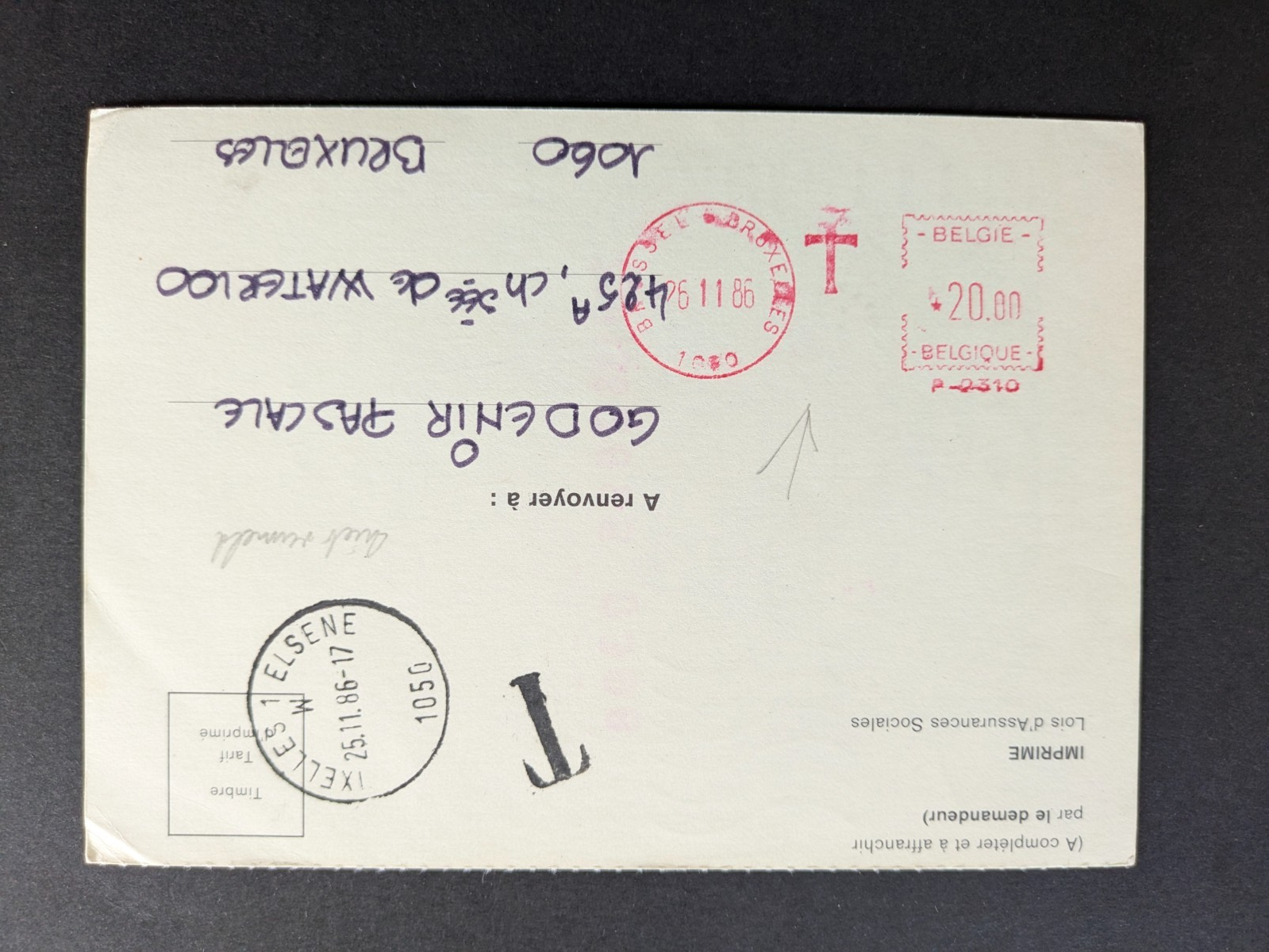 Belgium postcard Ixelles 1 Elsene 1986 handstamp underpaid machine ...