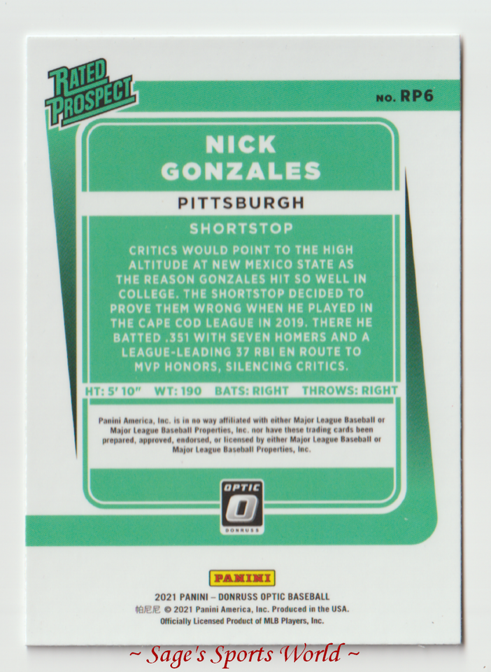 2021 Donruss Optic Rated Prospects #6 Nick Gonzales - Pittsburgh ...