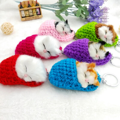 Cute Sleeping Cat Pompom Keychains Rings Car Fluffy Chains Key Kitten ...