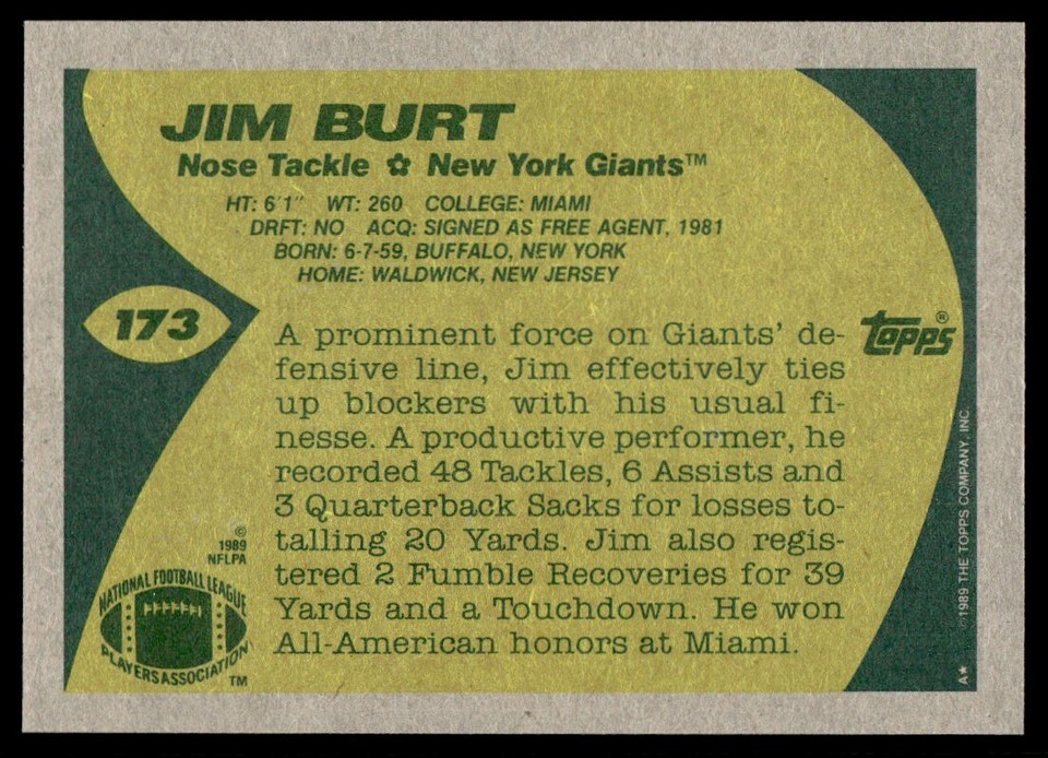 1989 Topps Jim Burt New York Giants #173 | eBay