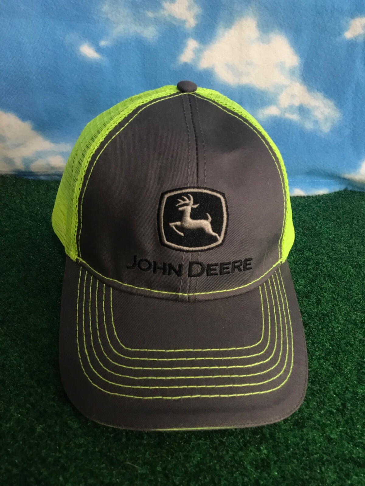 John Deere Hat Trucker Gray Vintage Neon Green Mesh Snapback Adjustable ...