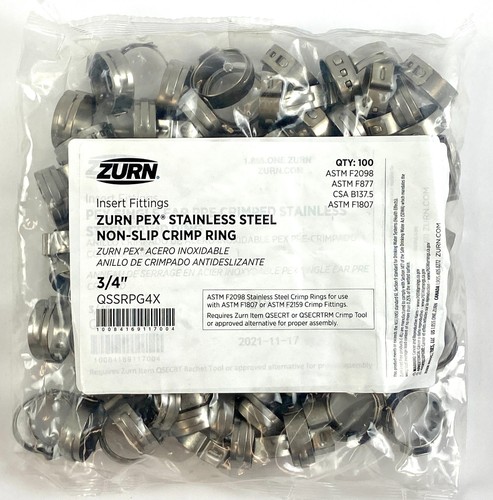 Zurn Crimp Ring Stainless Steel Non-Slip PEX 3/4 inch 100-Pack QSSRPG4X ...