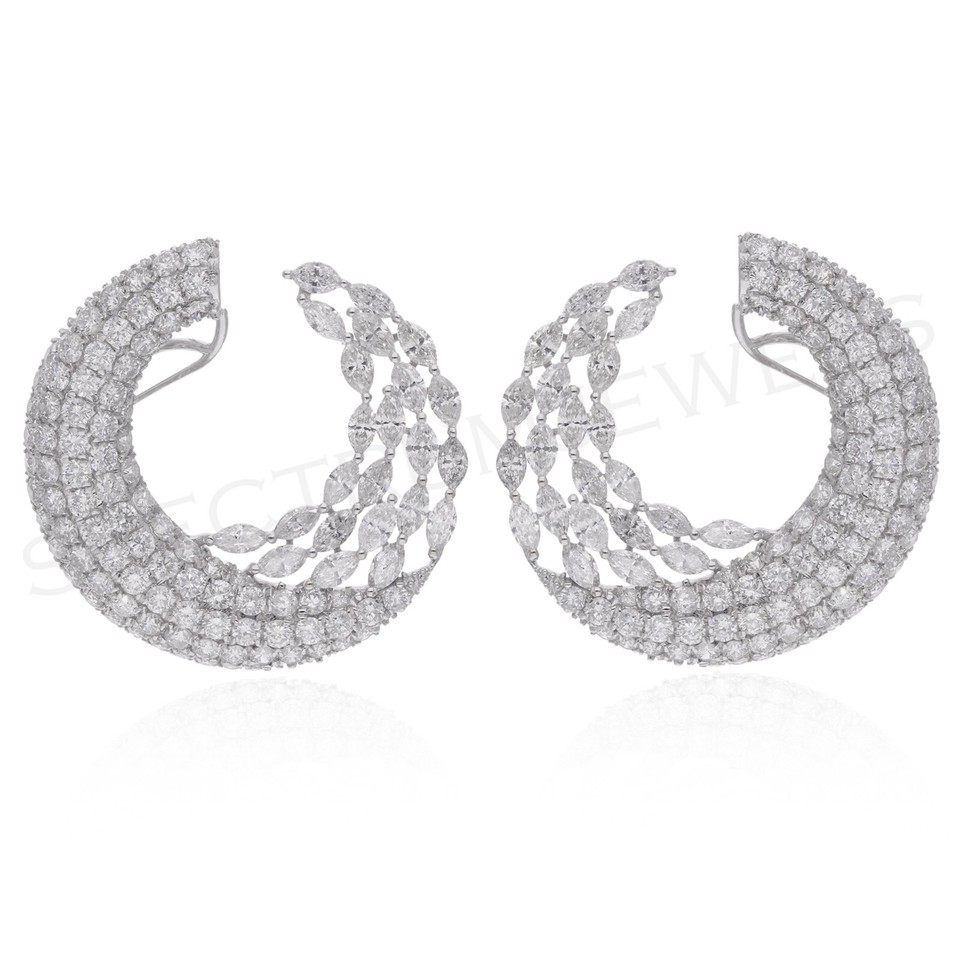 Natural SI/H Marquise Round Diamond Hoop Earrings 18k White Solid Gold ...