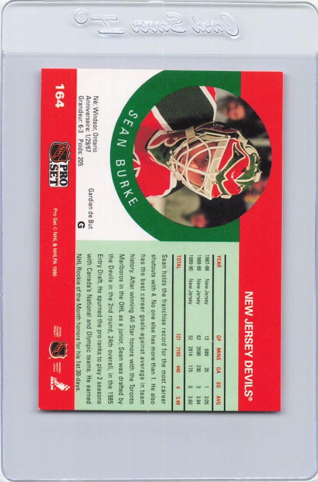 1990/91 Pro Set #164 Sean Burke Devils Signed Auto *J6692 | eBay