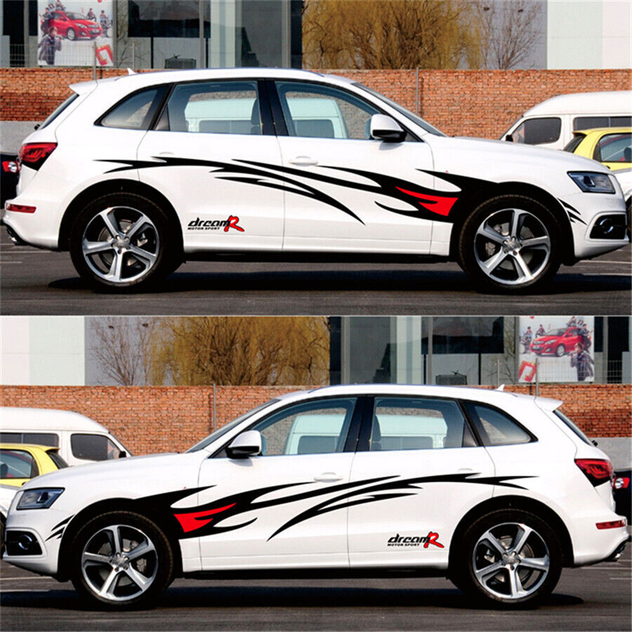 Pair Car Side Body Door Vinyl Decals Black+Red Flame Graphics Stickers ...