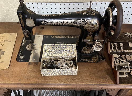 Antique Singer Treadle Sewing Machine Oak Cabinet Model 27 Spinx Decal ...