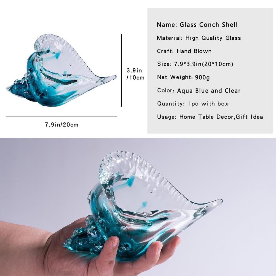 Hand Blown Glass Conch Shell Figurine, 8" Large Blue Glass Art Seashell ...
