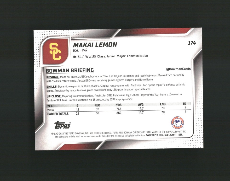 Makai Lemon 2025 Bowman University Chrome #174 USC Trojans | eBay