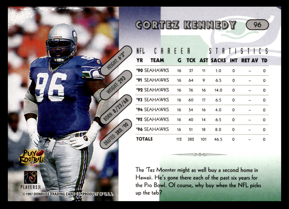 1997 Donruss Cortez Kennedy #96 Seattle Seahawks NFL Football | eBay