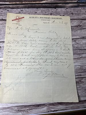 Nov. 28 1897 AUGUSTA SOUTHERN RAILROAD COMPANY ORIGINAL LETTER GEORGIA ...