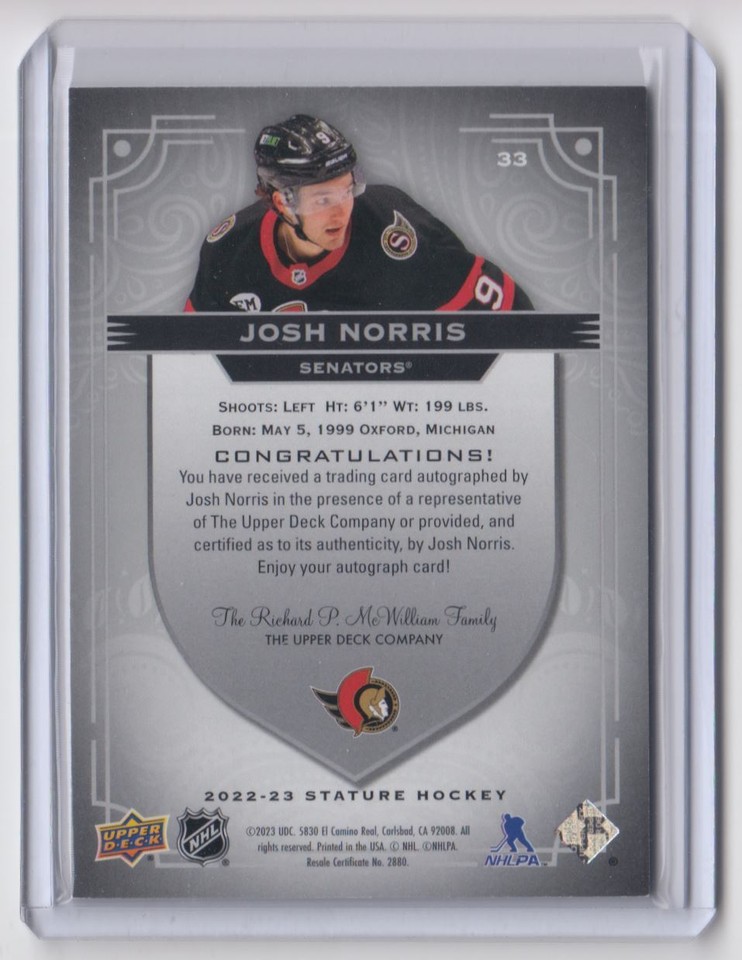 2022-23 Upper Deck Stature Autographs Josh Norris Auto Ottawa Senators ...