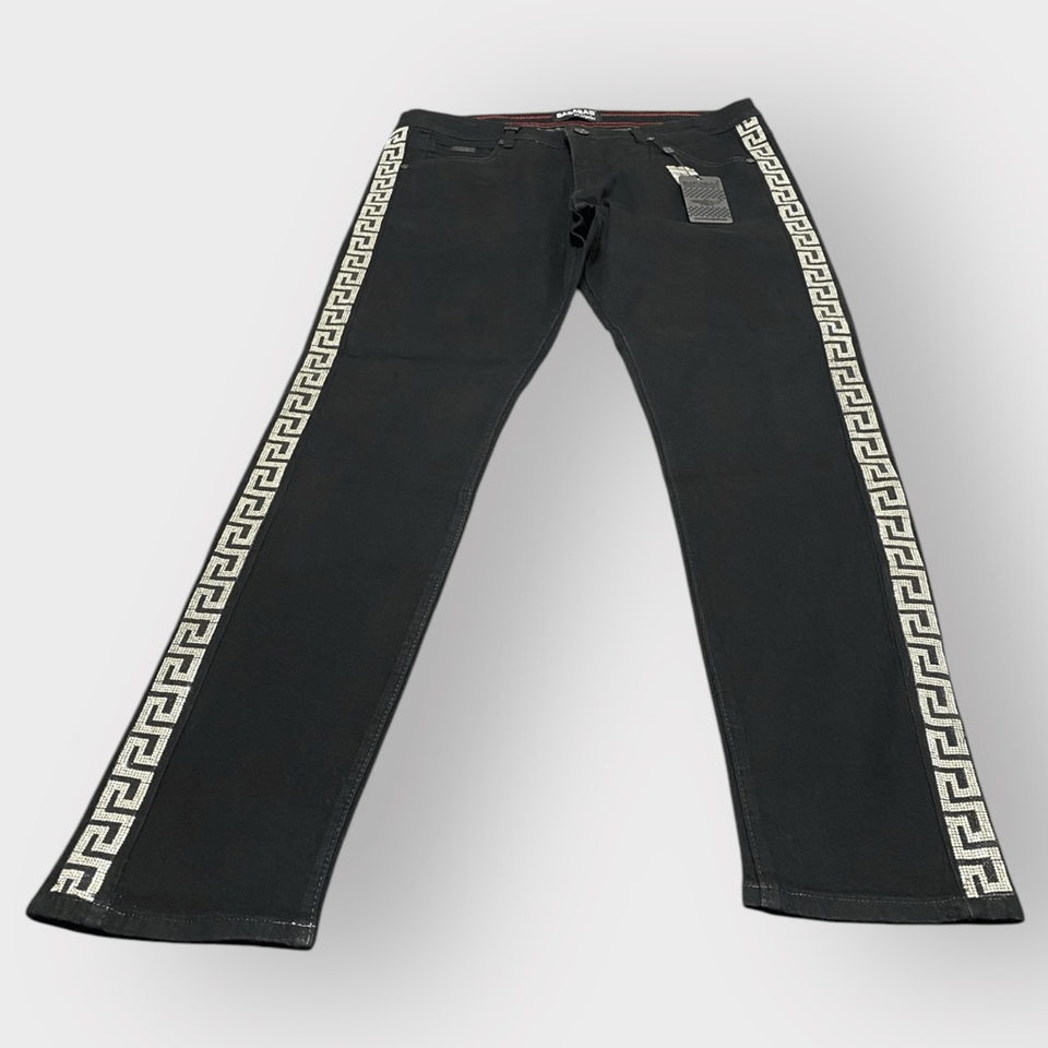 BARABAS Rhinestone Greek Key Pattern Black/Silver Denim Jeans SN8852 ...