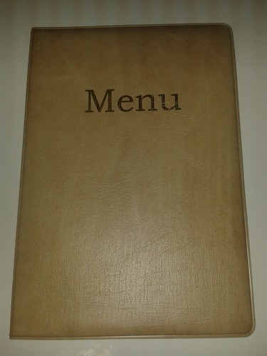 A5 MENU COVER/FOLDER IN BEIGE LEATHER LOOK PVC-WITH POCKETS ON PAGE 2 ...