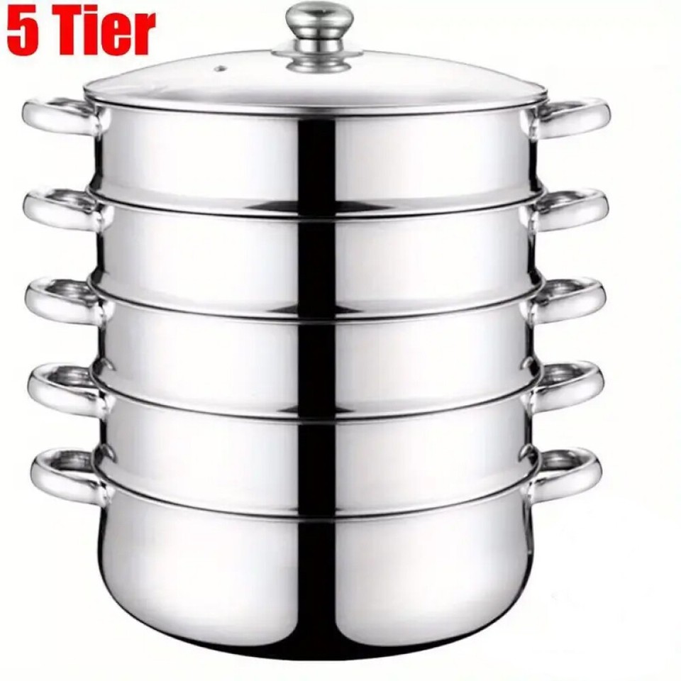 Stainless Steel Large 28cm 3/5 Tiers Steam Cooker Steamer Pan Cook Food ...
