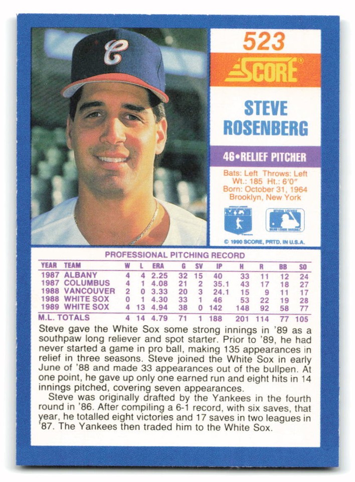 Steve Rosenberg 1990 Score BASEBALL #523 Chicago White Sox | eBay