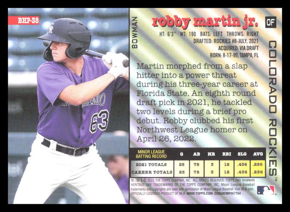 2022 Bowman Heritage Robby Martin Jr. Prospects BHP-38 Colorado Rockies ...