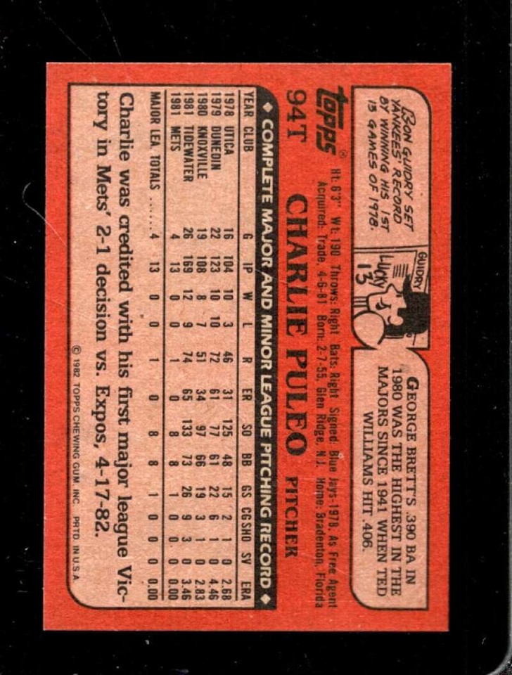 1982 TOPPS TRADED #94 CHARLIE PULEO EXMT METS *X74026 | eBay