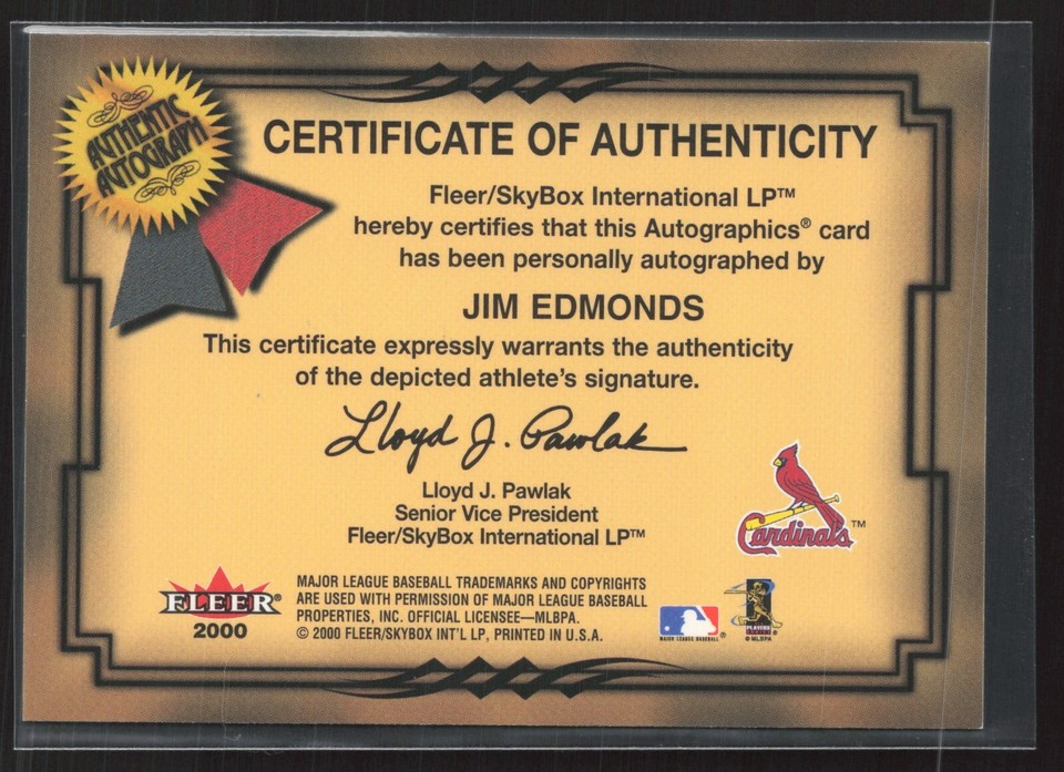 2000 FLEER AUTOGRAPHICS JIM EDMONDS ON CARD AUTOGRAPH AUTO CARDINALS | eBay