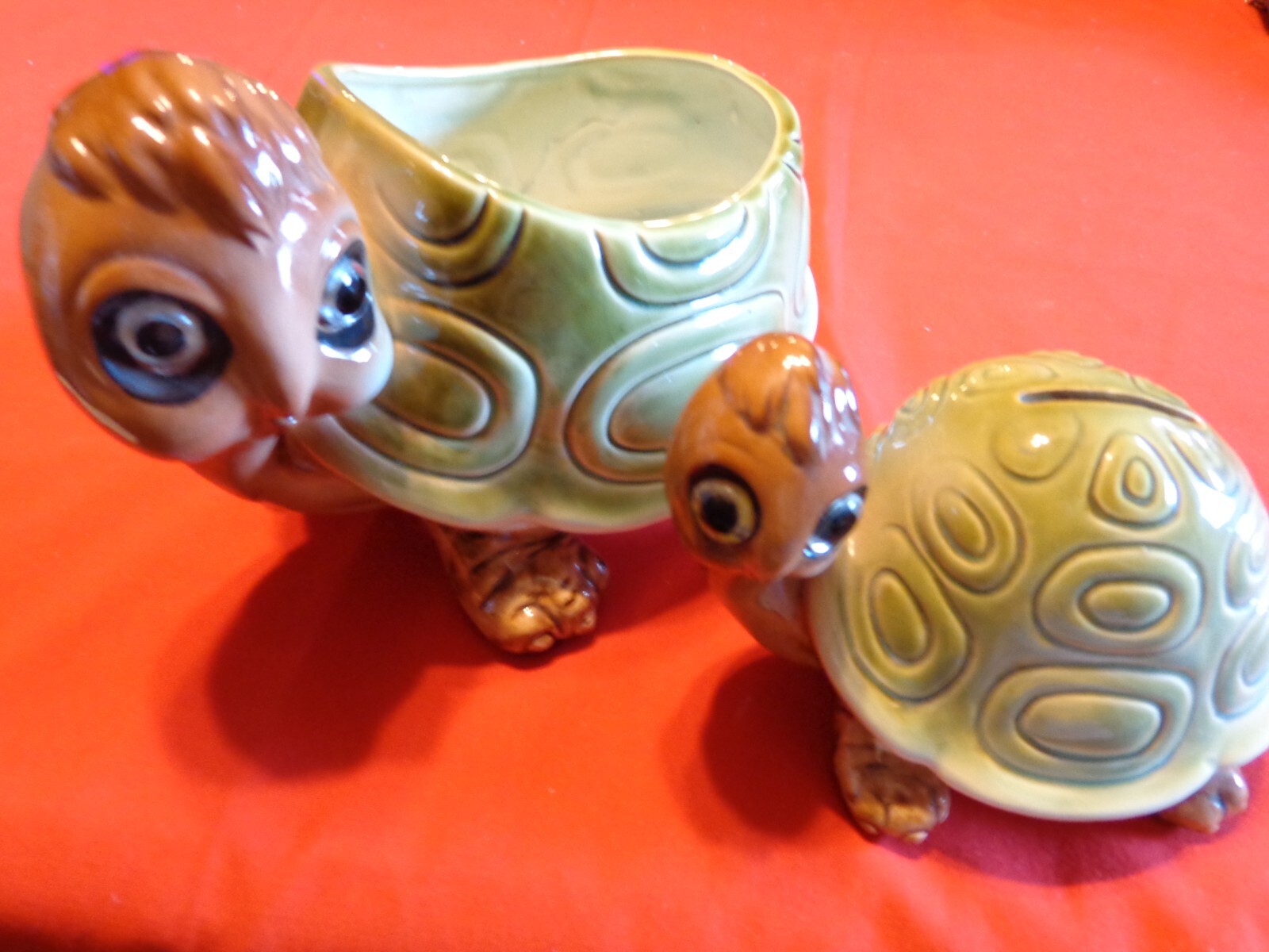 2 LARGE ANTIQUE TURTLES HAND PAINTED CERAMIC 1 BANK & 1 PLANTER - BOWL ...