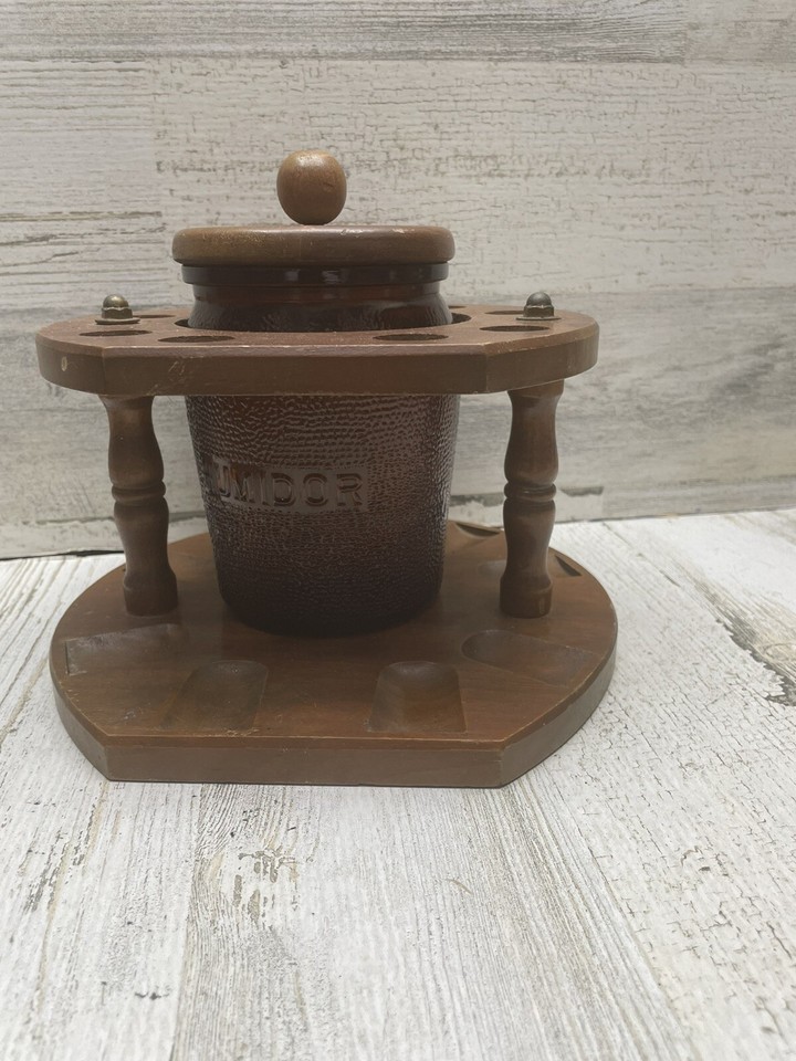 Vintage Dun-Rite Amber Glass Humidor Wood 10 Pipe Holder Tobacco | eBay