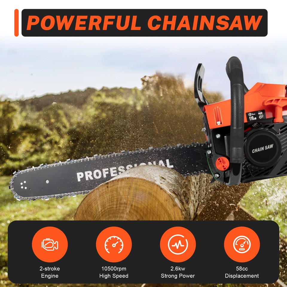 58CC Gasoline Chainsaw 20" Bar Powered Engine Wood Cutting Gas Chain ...
