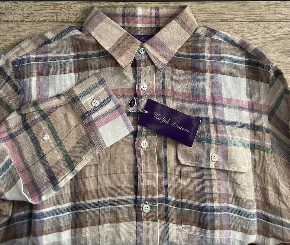 Ralph Lauren Purple Label Twill 100% Linen Plaid Shirt L Tan Beige Mix ...