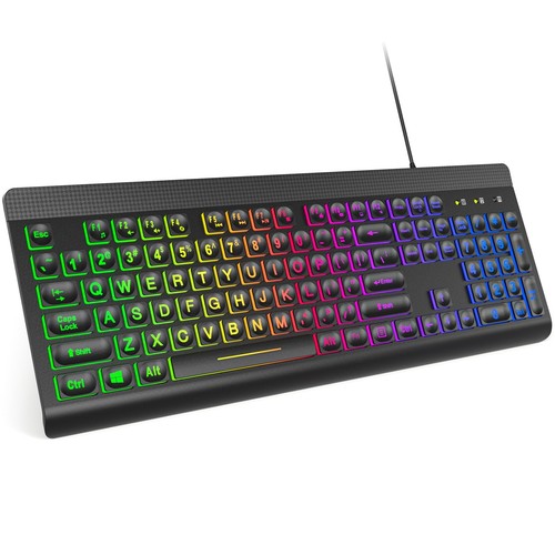 Backlit Keyboard Wired Large Print, Computer Keyboard with Rainbow ...