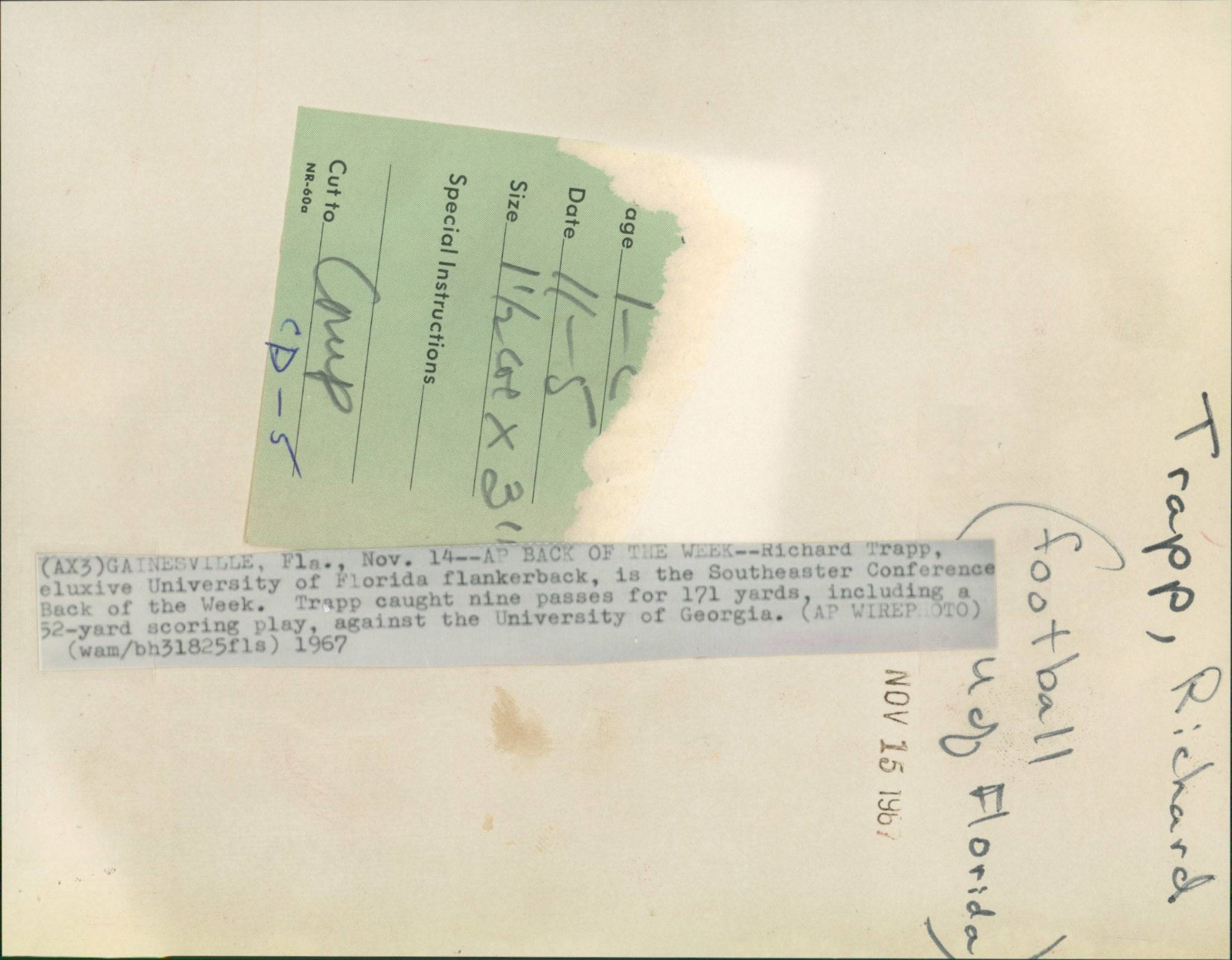 1967 Wire Photo SEC University of Florida Gators football player ...