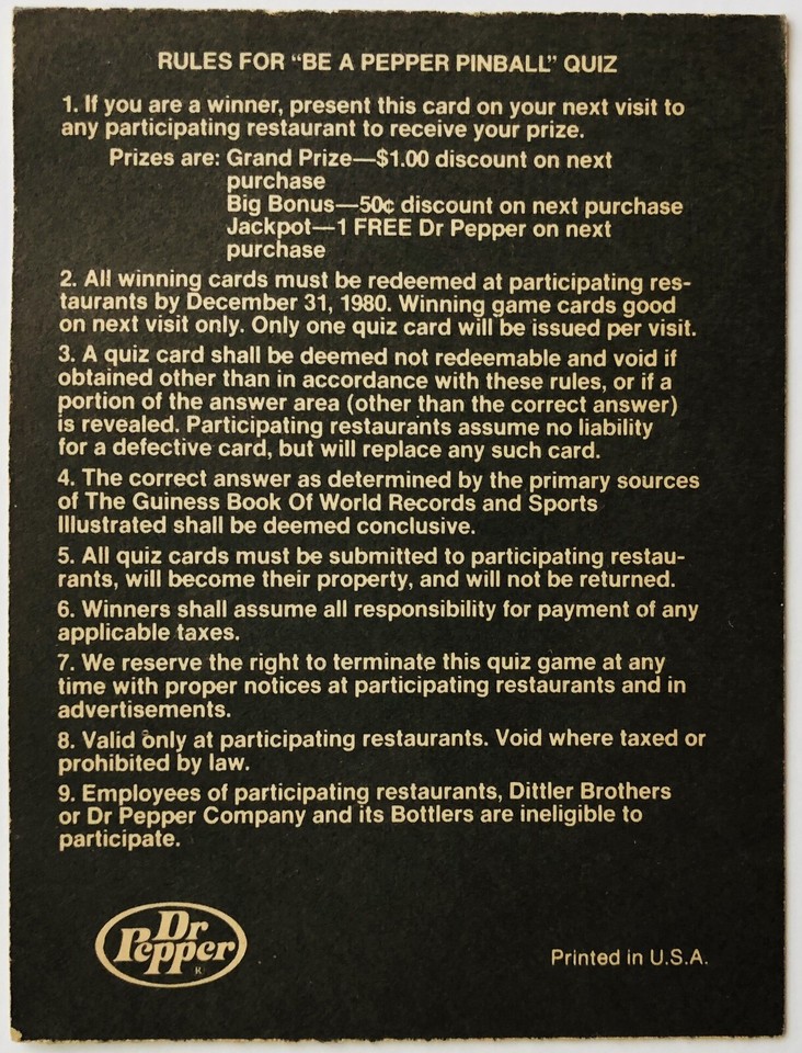Dr Pepper Be A Pepper Pinball Card Vintage Advertising | eBay