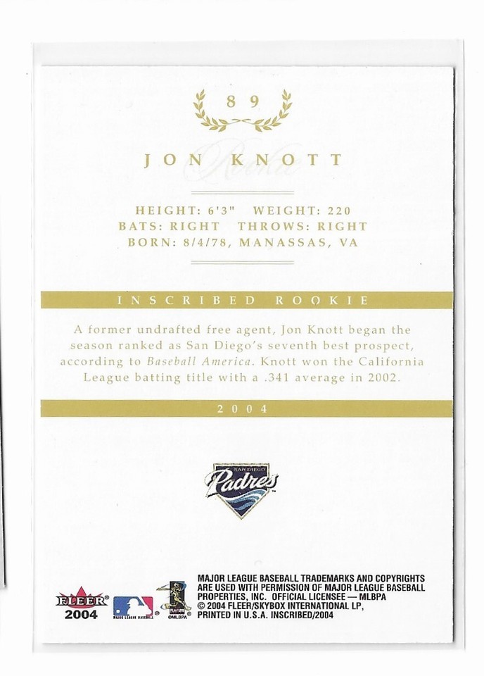 Jon Knott 2004 Fleer InScribed Gold Rookie #89 /199 Parallel Numbered ...