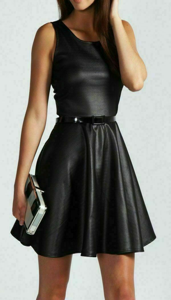 Ladies PVC Wet Look Plus Belted Flared Celebrity Sexy Skater Dress TOP ...
