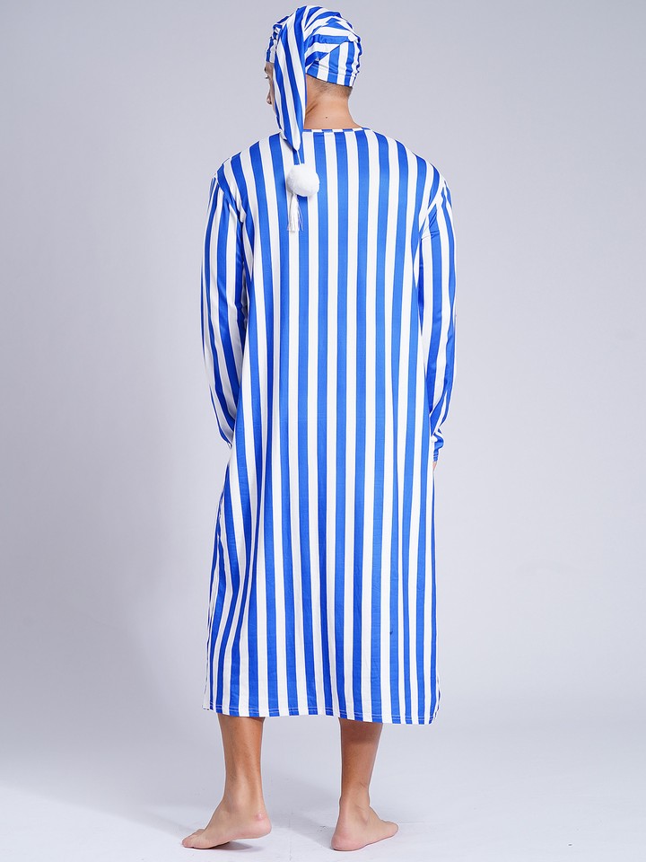 Mens Soft Loose Sleepwear Striped Long Sleeve Nightshirt Sleeping Cap ...